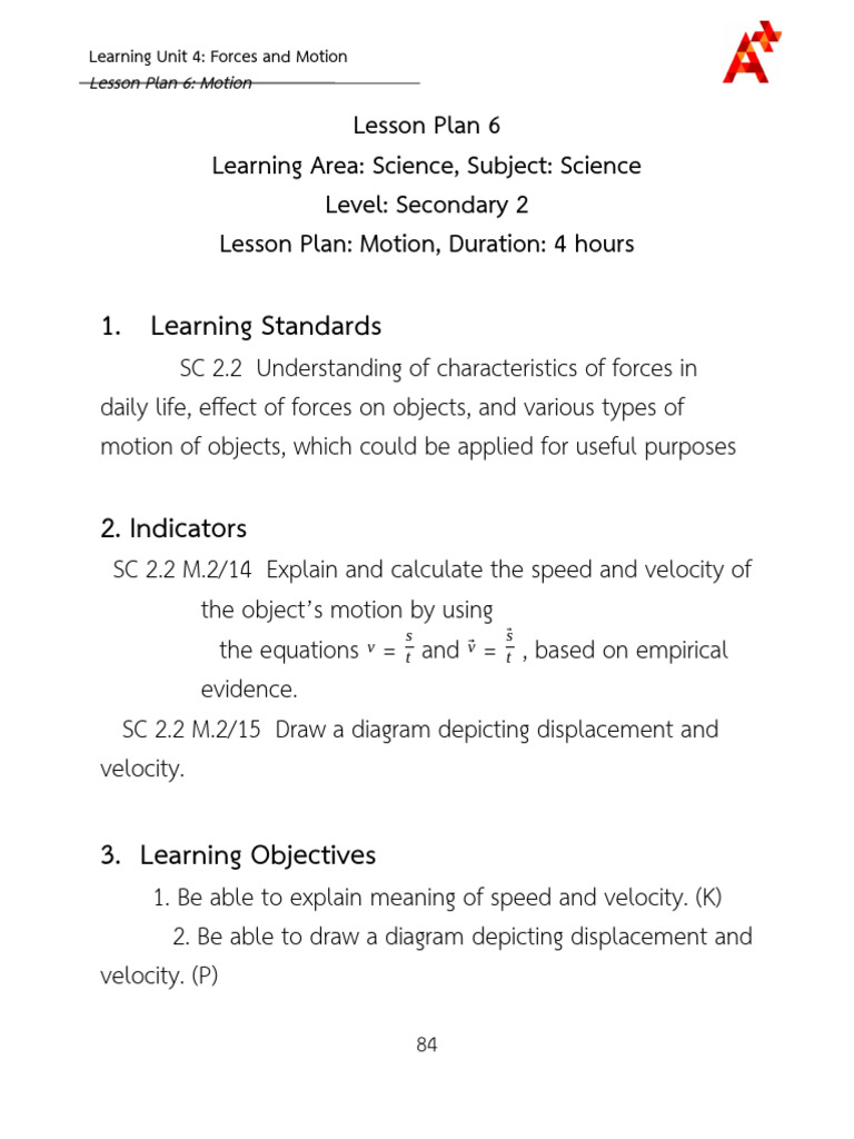 Lesson Plan 4-6 Motion | PDF | Velocity | Speed