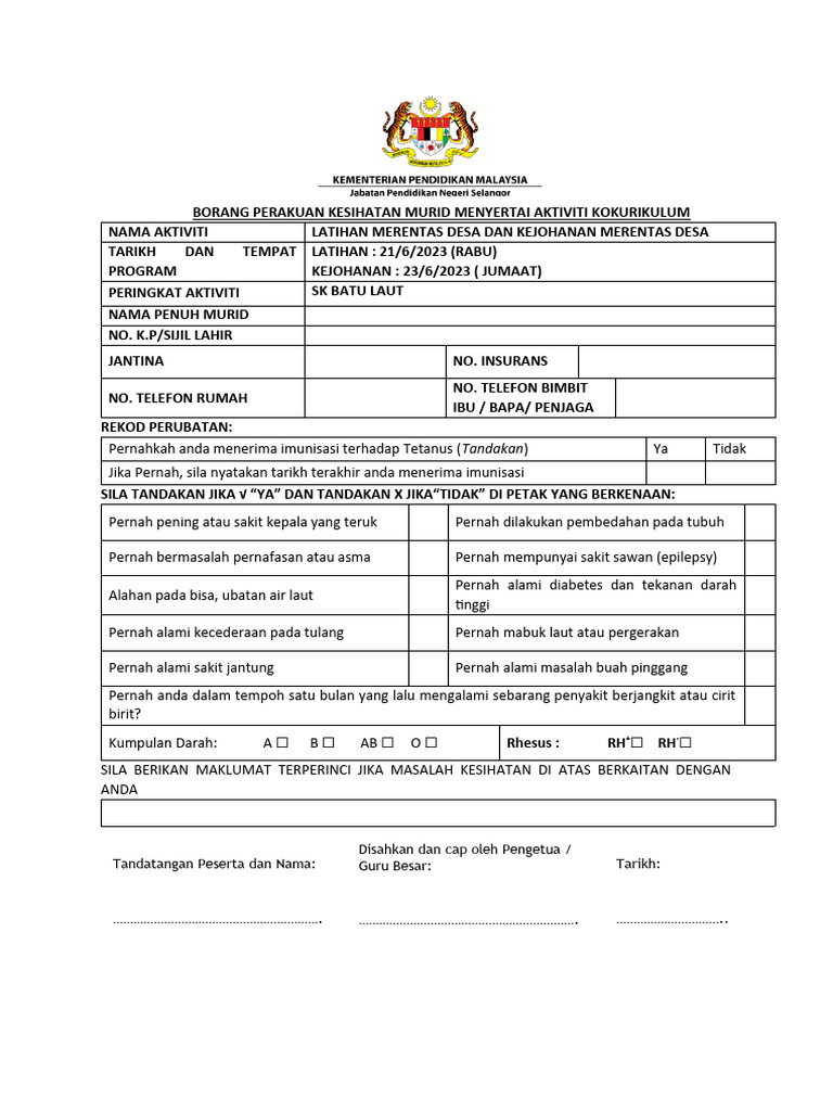 Borang Perakuan Kesihatan Murid Menyertai Aktiviti Kokurikulum | PDF