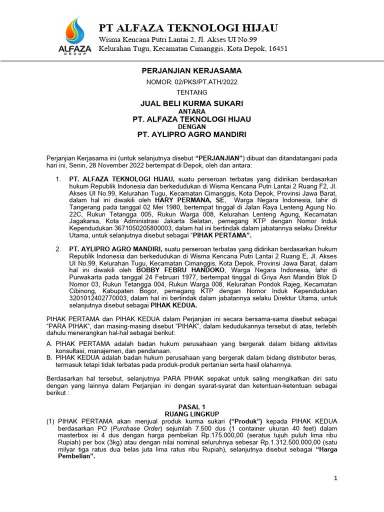 Perjanjian Kerjasama Alfaza - Aylipro | PDF