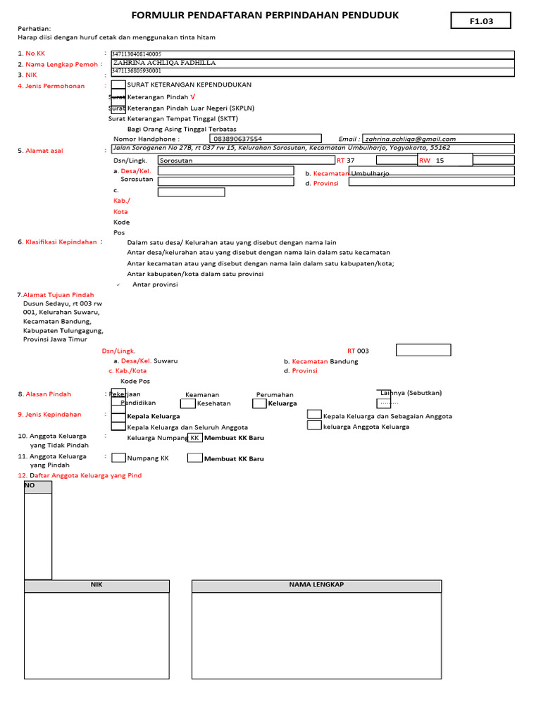 F1.03 Formulir Perpindahan Penduduk | PDF