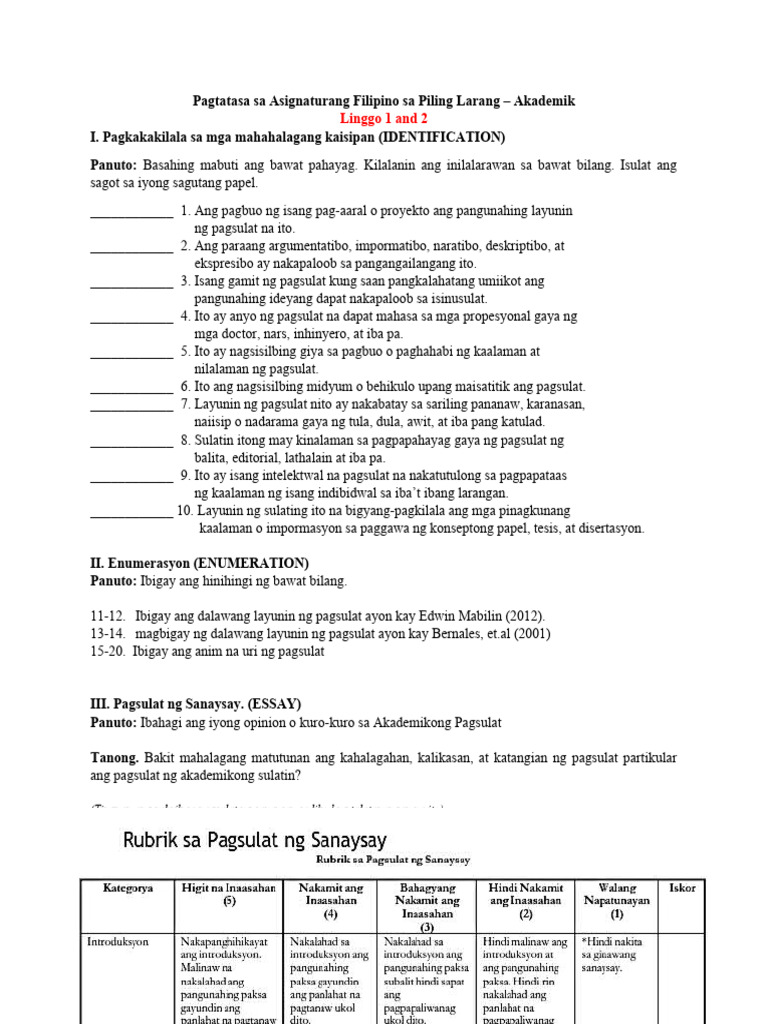Pagtatasa Sa Asignaturang Filipino Sa Piling Larang | PDF