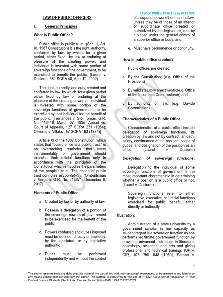Law of Public Officers Notes | PDF | Elections | Employment