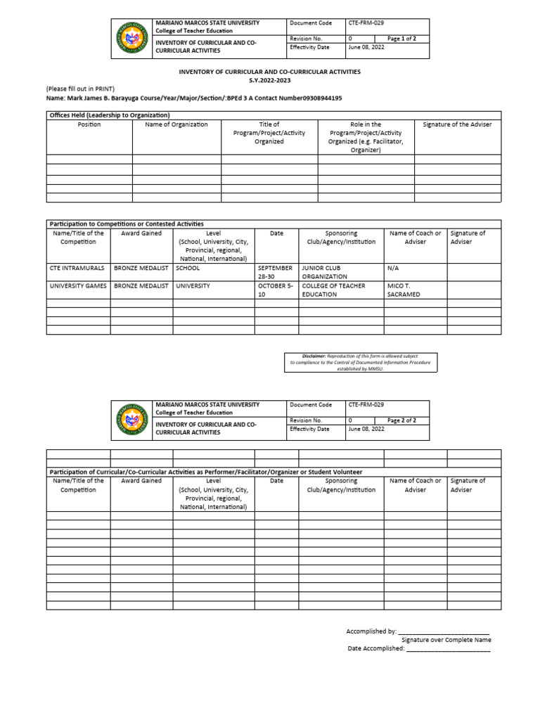 CTE Inventory of Activities Form 2022-2023 | PDF