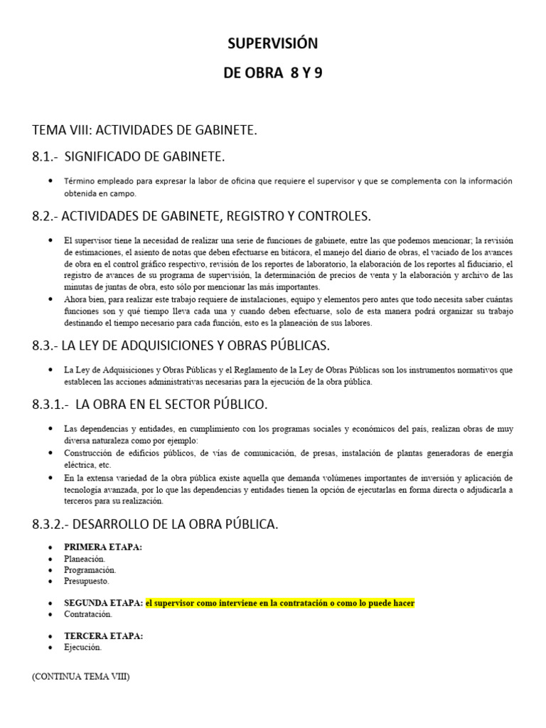 Supervisión de Obra 8 Y 9: Tema Viii: Actividades de Gabinete. 8.1 ...