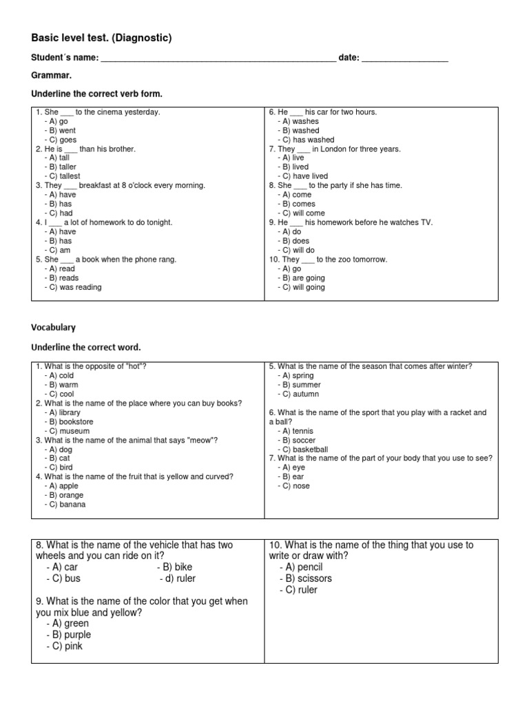 A2 Level Test. Diagnostic | PDF | Language Arts & Discipline