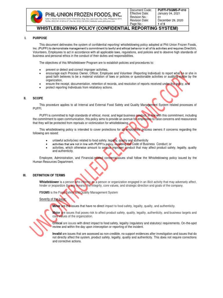 FSQMS-P-010 Whistleblowing Policy (Confidential Reporting System) | PDF ...