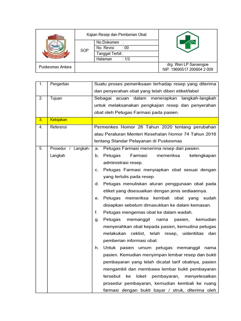 SOP Kajian Resep Dan Pemberian Obat | PDF