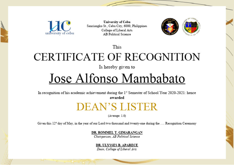 Dean's Lister Certificate for Mambabato | PDF | Foreign Language Studies