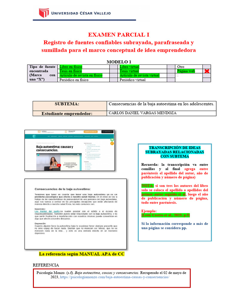 Formato Examen Parcial | PDF | Autoestima | Sicología