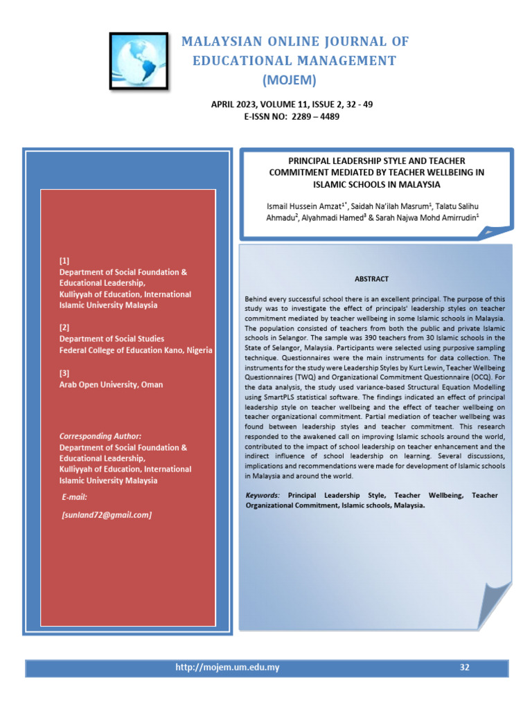 2023 Principal Leadership Style and Teacher Commitment Mediated by Teacher Wellbeing in Islamic ...