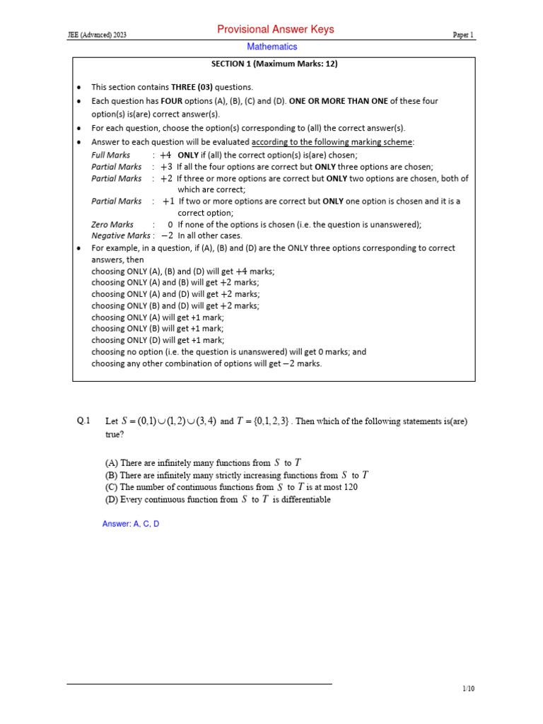 JEE Adv 2023 Paper 1 Maths | PDF | Complex Number | Equations