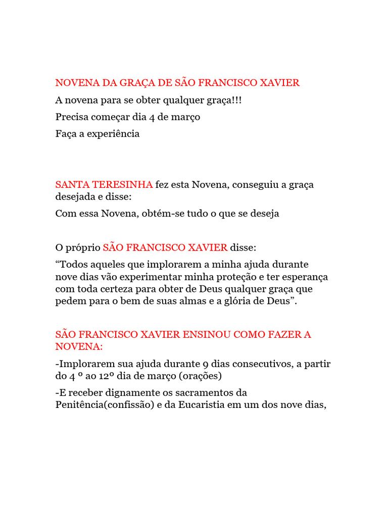 Novena Da Graca de Sao Francisco Xavier | PDF | Oração | Eucaristia