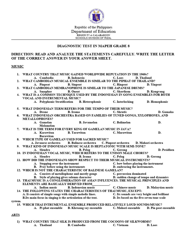 MAPEH GRADE 8 Diagnostic Test 2019 | PDF | Physical Fitness