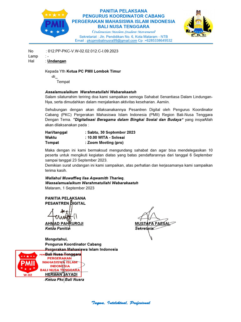Surat Undangan Ke PC PMII Lotim | PDF