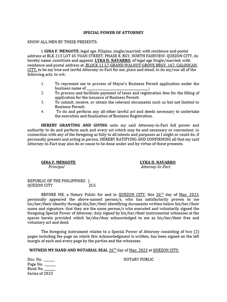 Spa Mayor's Permit | PDF | Power Of Attorney | Notary Public