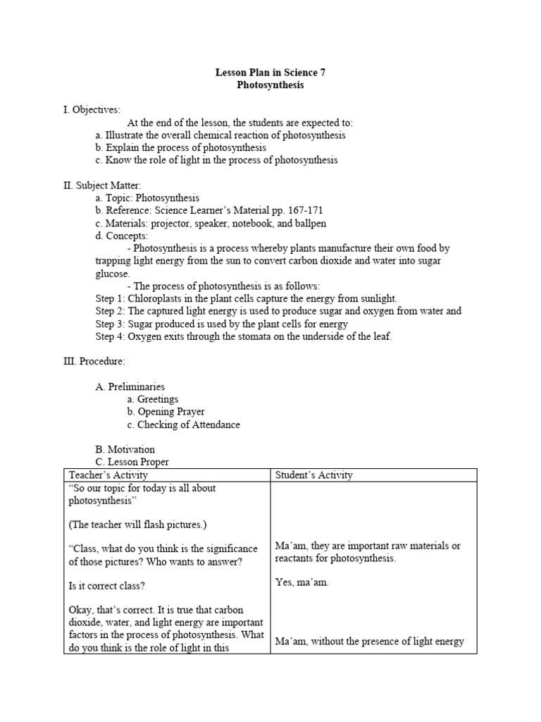 Photosynthesis Lesson Plan for Grade 7 | PDF | Photosynthesis ...