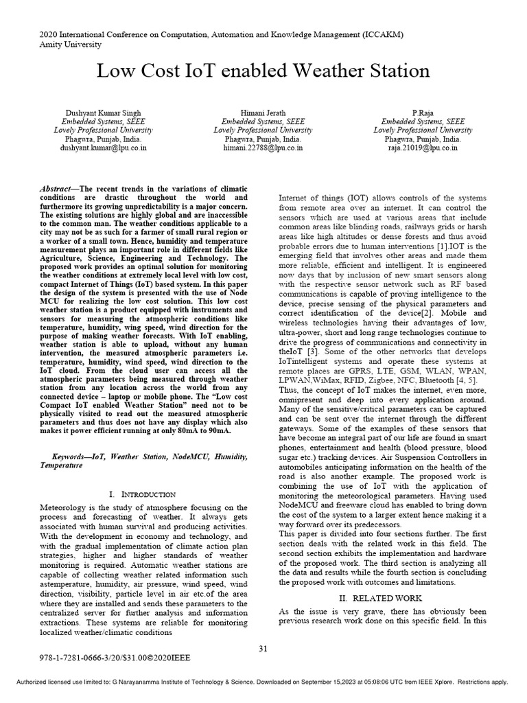 Low Costio TEnabled Weather Station | PDF | Internet Of Things | Sensor