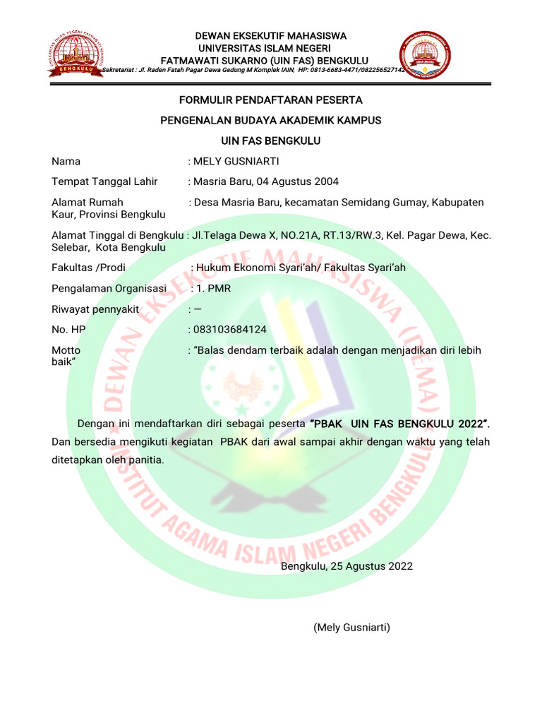 Mely - Formulir Pendaftaran PBAK Uinfas | PDF