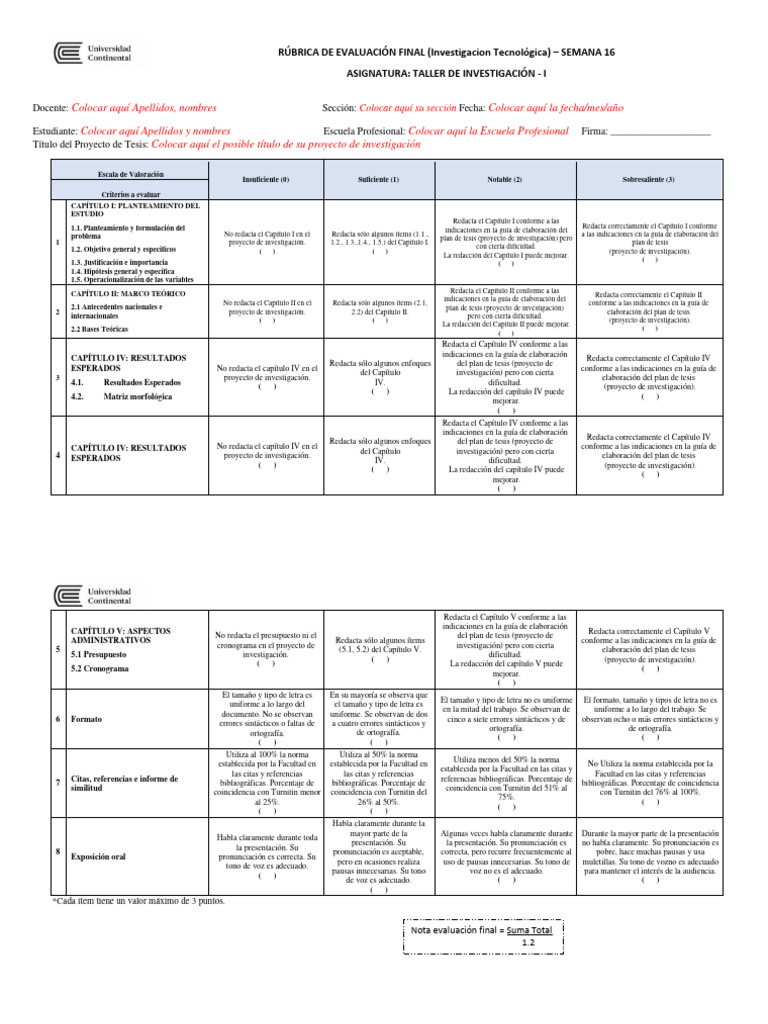 RÚBRICA EVALUACIÓN FINAL #15 y 16 | PDF
