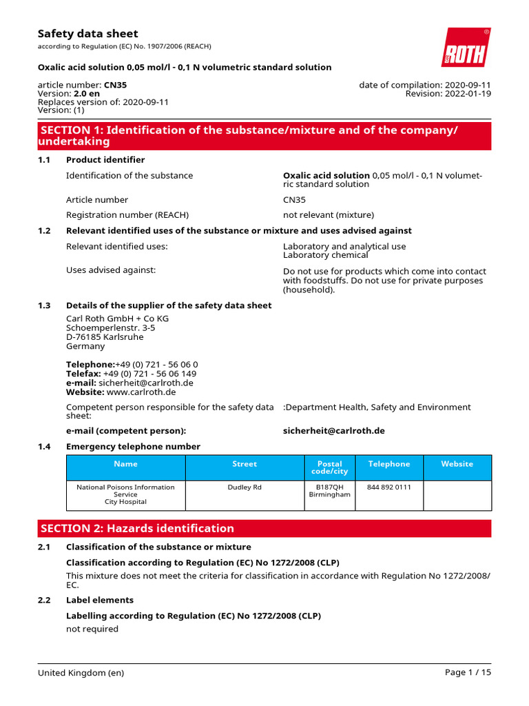MSDS for Oxalic Acid Solution | PDF | Chemistry | Labor Relations