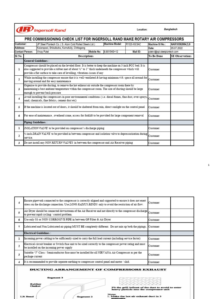 Pre-Commissioning Checklist of IR Compressor | PDF