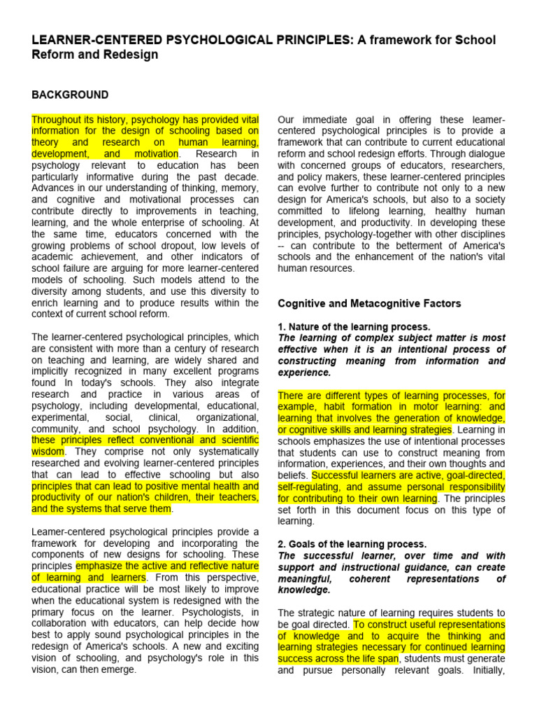 Learner-Centered Psychological Principles | PDF | Learning | Motivational