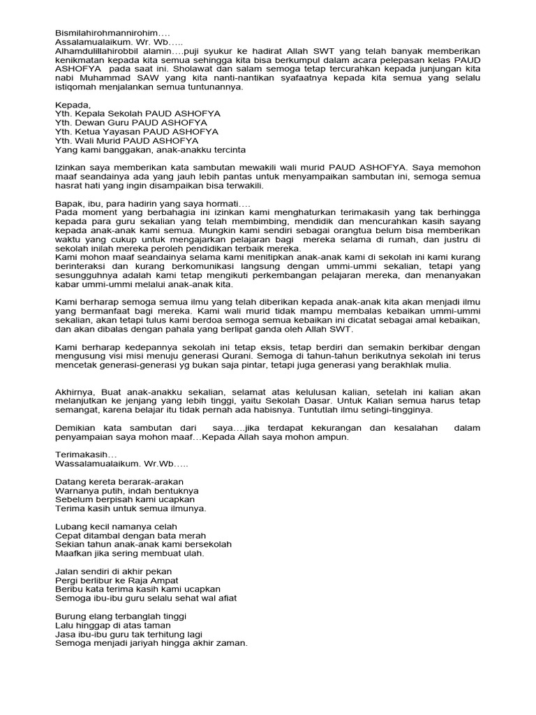 Sambutan Paud | PDF | Seni & Disiplin Bahasa