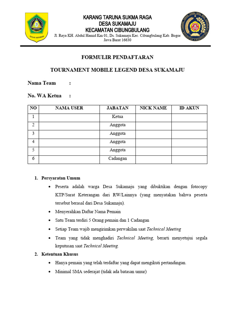 Formulir Pendaftaran Mobile Legend | PDF Formulir Pendaftaran Mobile Legend | PDF