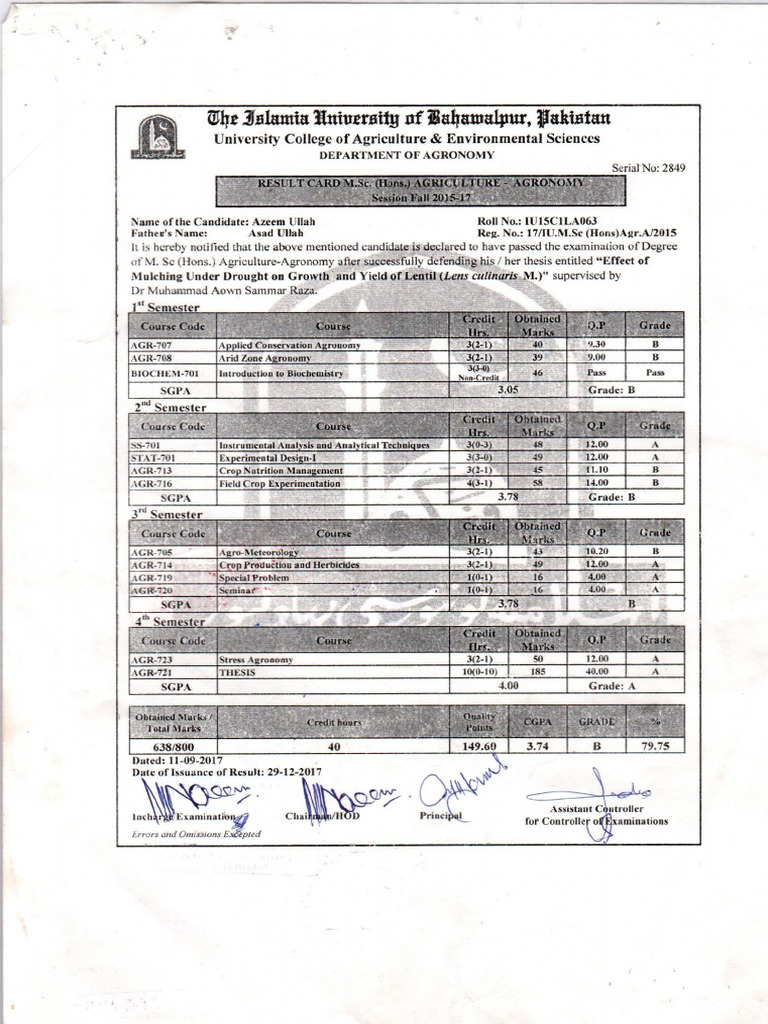 M.SC Agriculture (Hons) Transcript | PDF