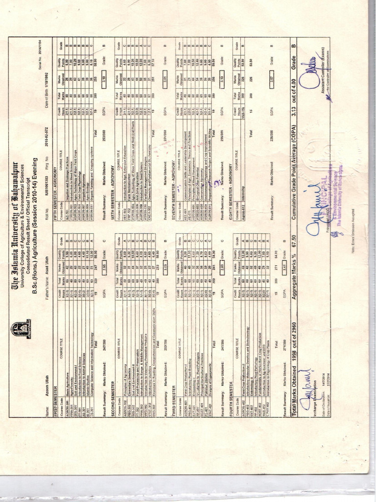 BSC Agriculture (Hons) Transcript | PDF