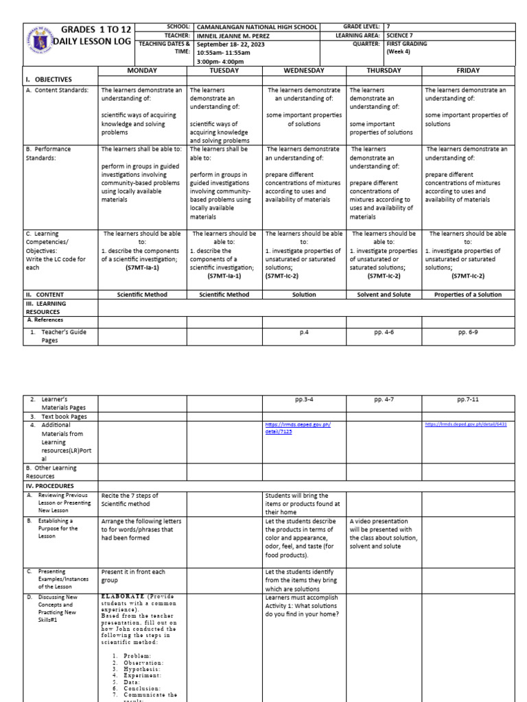 DLL Science 7 Week 4 | PDF | Methodology | Experiment