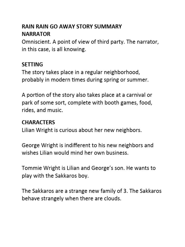 Rain, Rain Go Away: Story Summary | PDF
