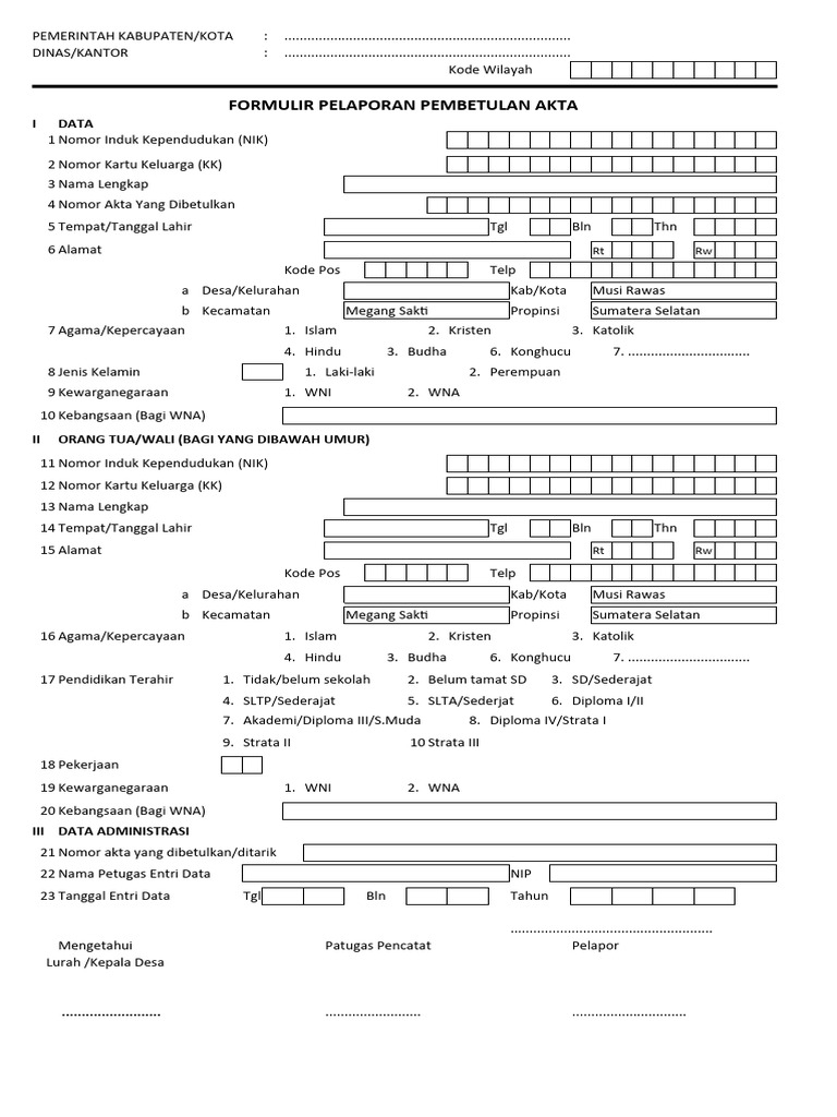 Formulir Pembetulan Akta, Form Akta Kelahiran Dan Kematian | PDF