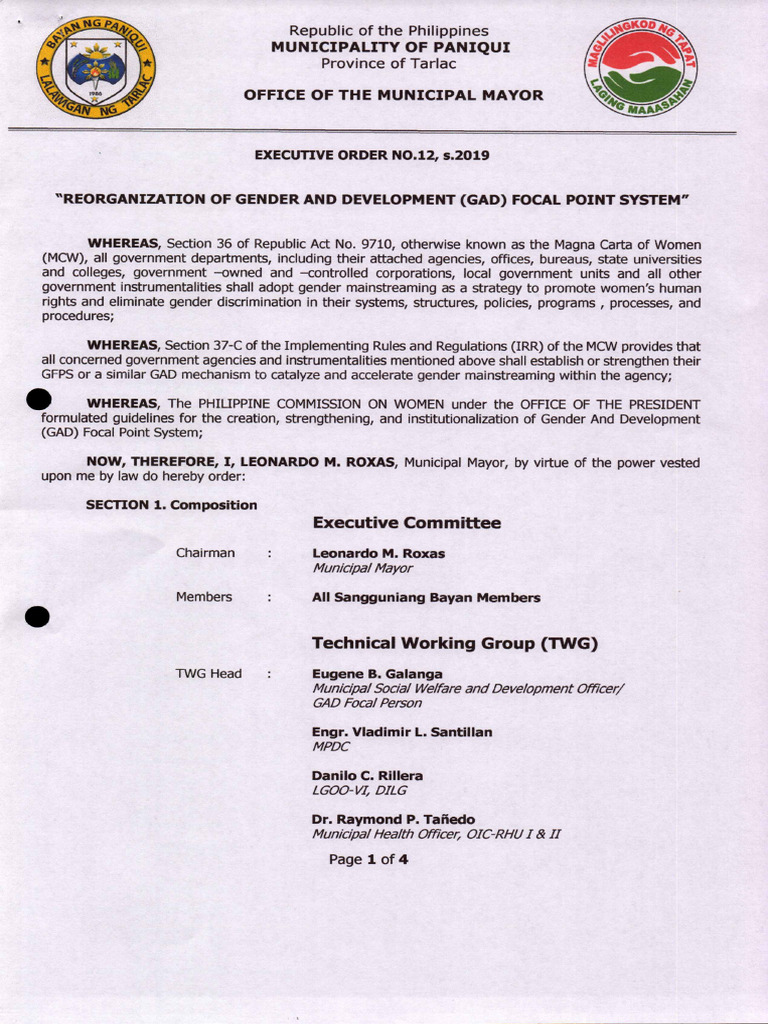 EO NO. 12-s.2019 - GAD Focal Point System | PDF