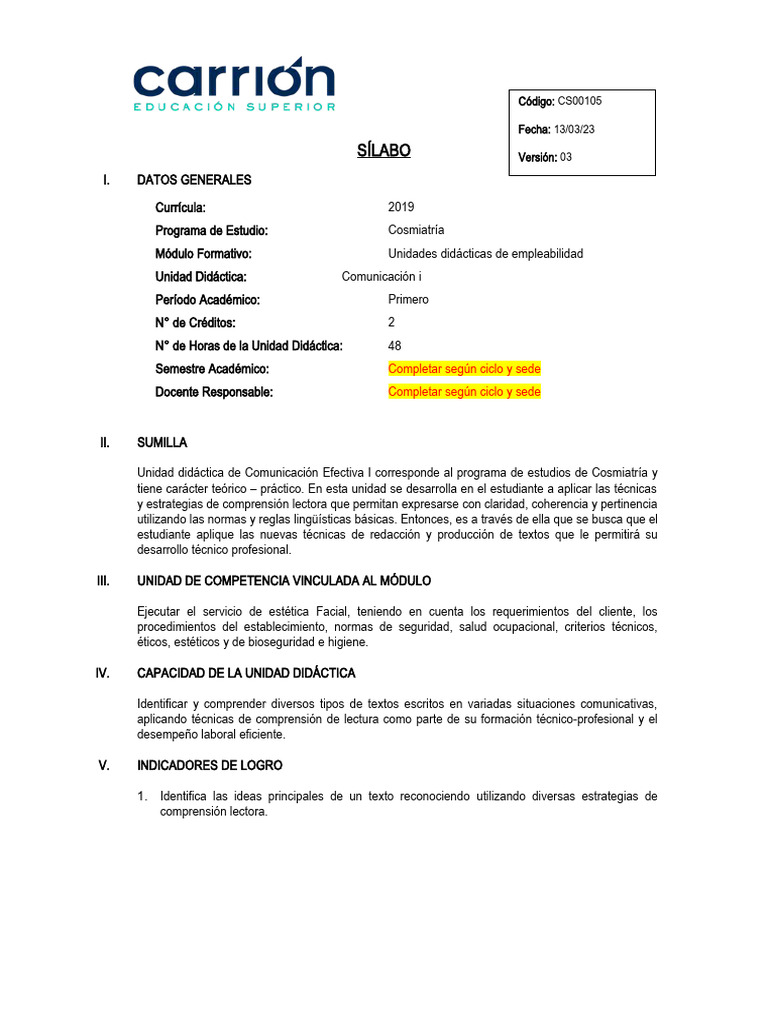 Silabo Ud Emp Cos I Com I 1 | PDF | Comprensión lectora | Evaluación