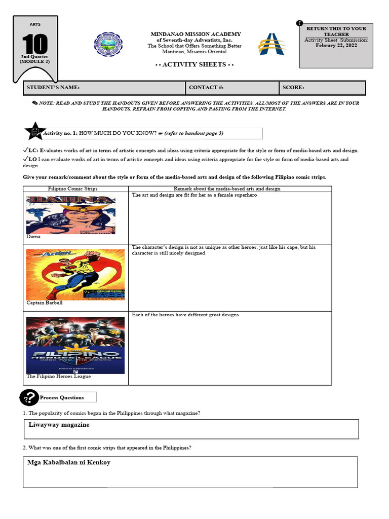 ARTS 10 Q3 M2 Activity Sheets | PDF