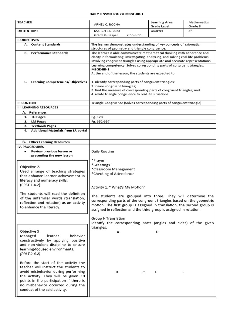 Daily Lesson Log of M8ge Cot 1 Final | PDF | Learning | Triangle