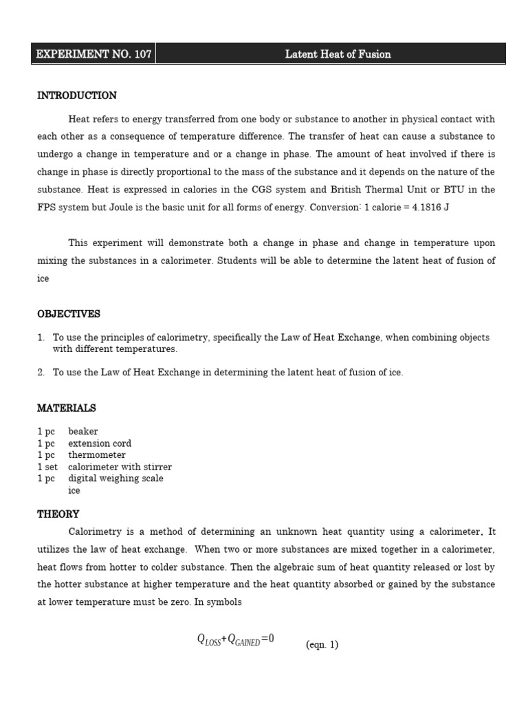 Experiment 107 Latent Heat of Fusion | PDF | Heat | Latent Heat