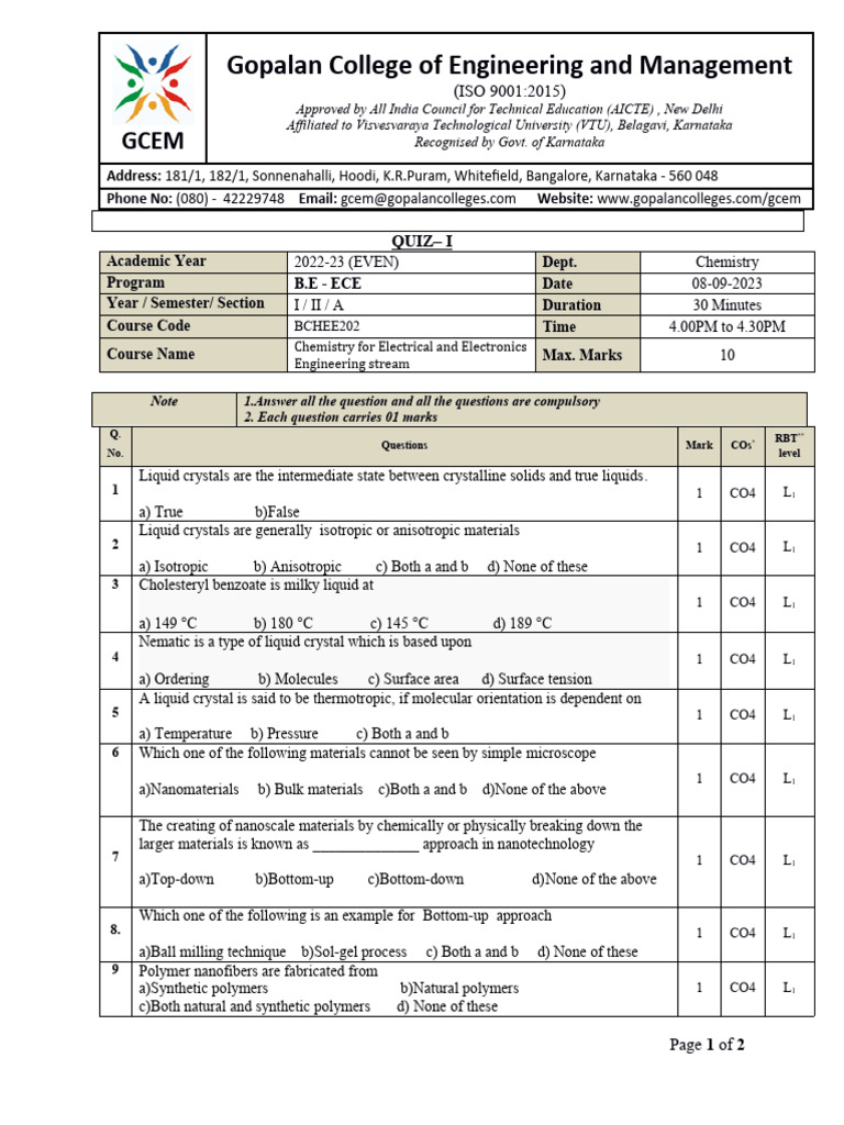 Quiz QP | PDF | Liquid Crystal | Nanomaterials