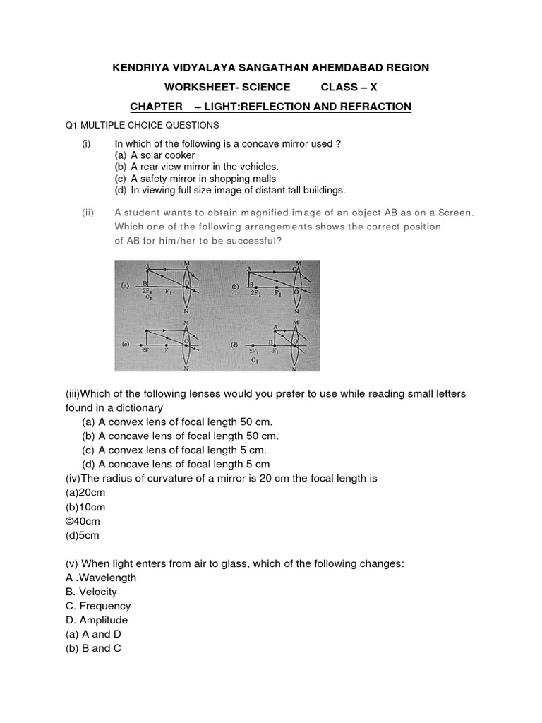 Science Worksheet Class X | PDF | Mirror | Eye