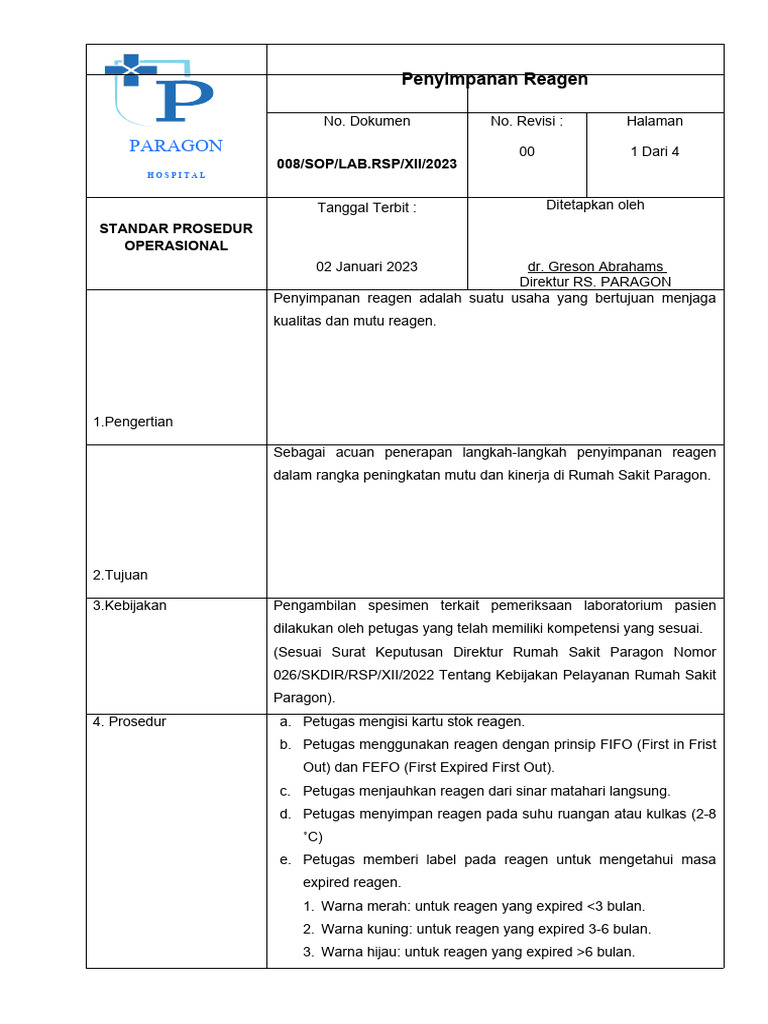 Prosedur Penyimpanan Reagen RS Paragon | PDF