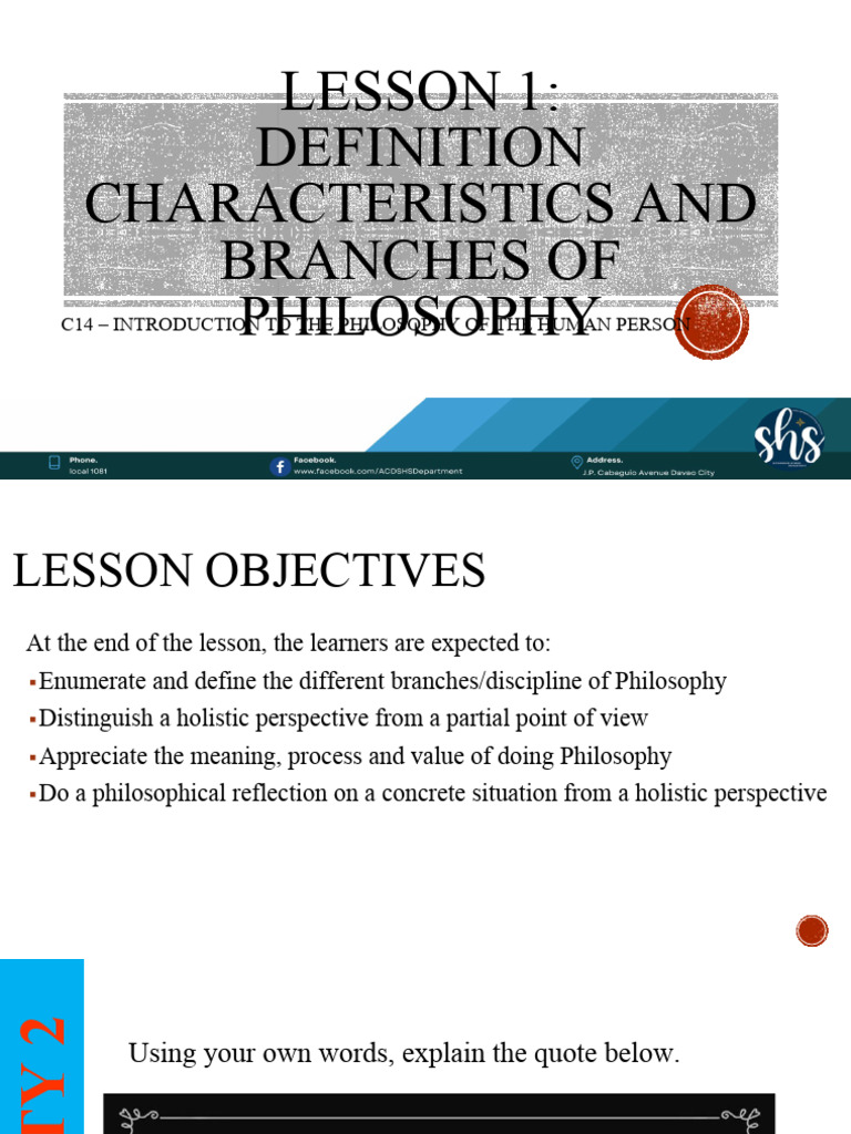 Lesson 1 Definition Characteristics and Branches of Philosophy | PDF | Logic | Reason