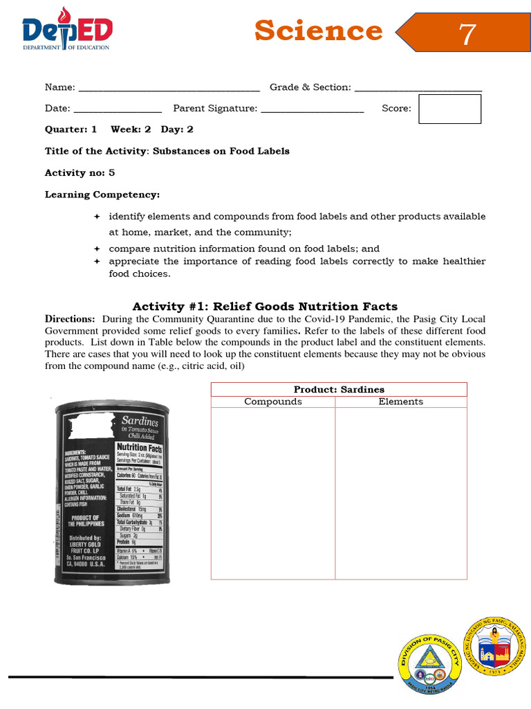 Science 7 - Q1 - DW5 | PDF | Nutrition Facts Label | Nutrition