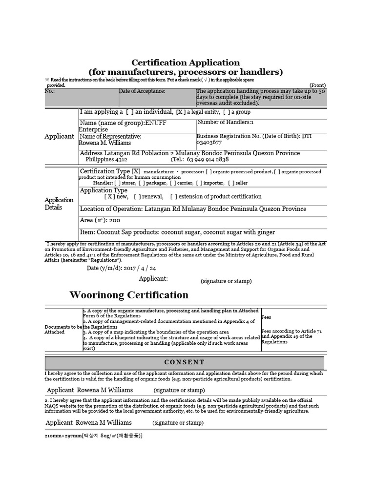 Organic Certification Application Form | PDF | Potato | Food And Drink