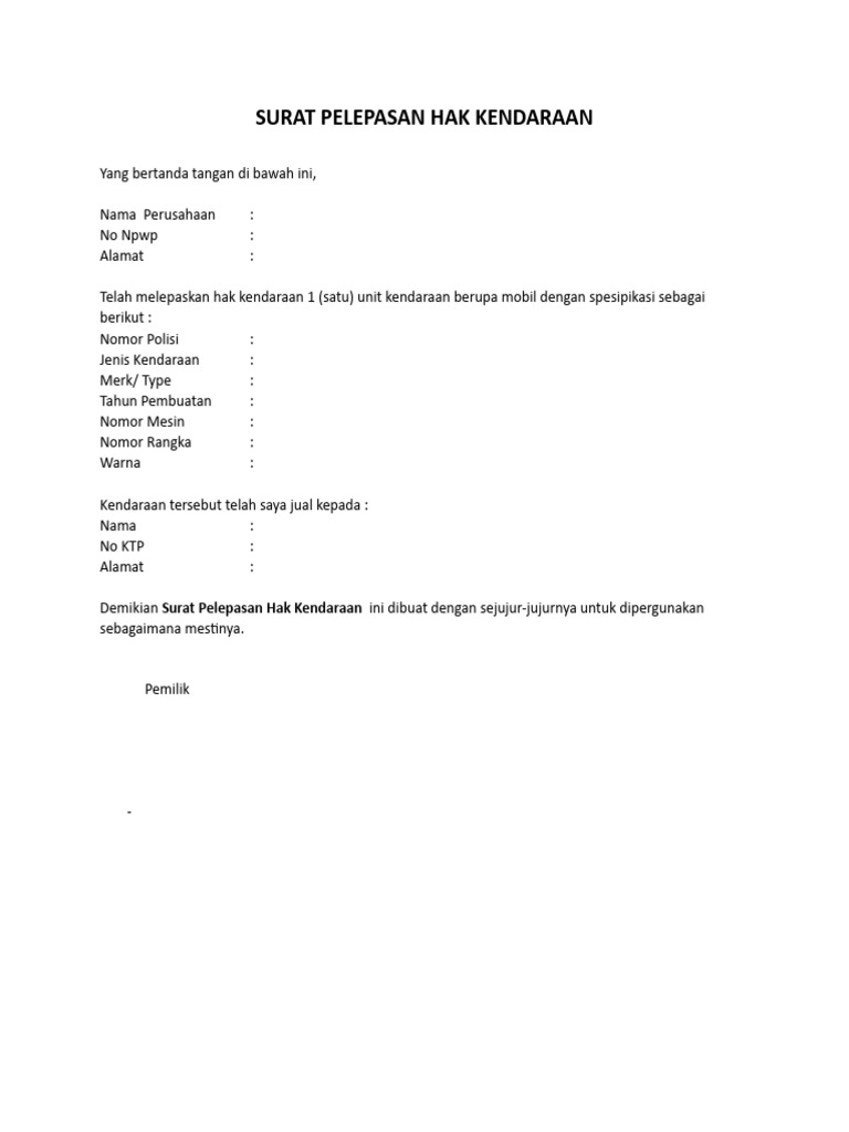 Surat Pelepasan Hak Kendaraan Motor | PDF
