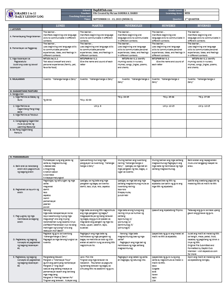 DLL - MTB 1 - Q1 - W3 | PDF | Psychological Concepts