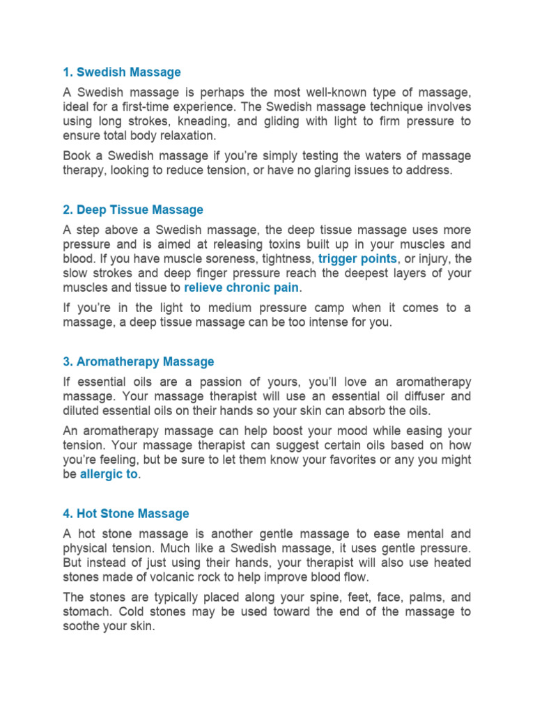 10 Types of Massage | PDF | Massage | Clinical Medicine