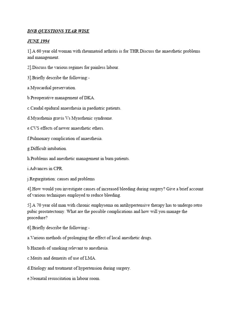 DNB Questions Year Wise | PDF | Anesthesia | Surgery