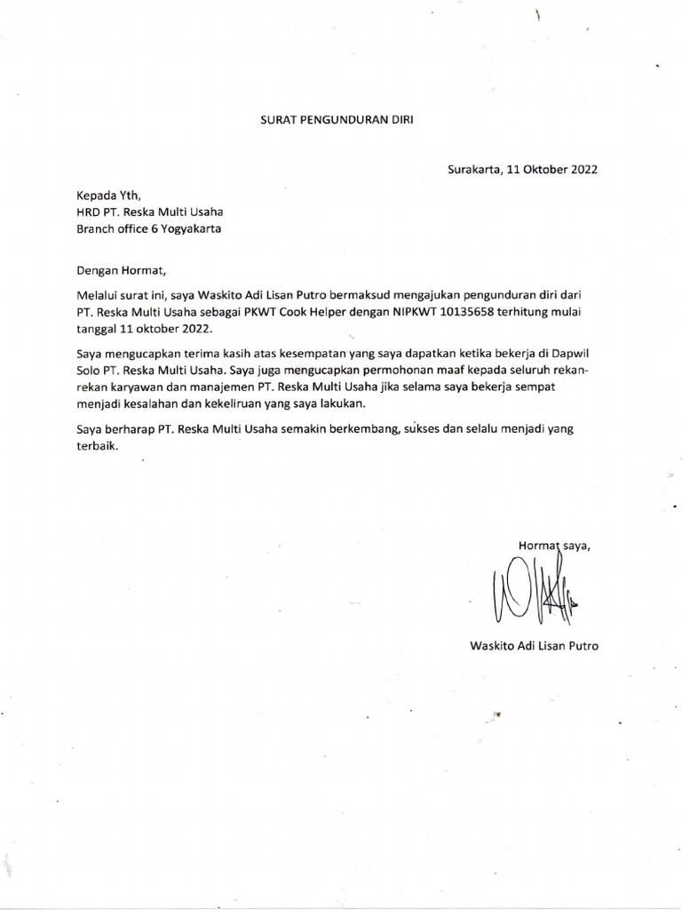 Surat Pengunduran Diri Waskito Adi Lisan Putro | PDF