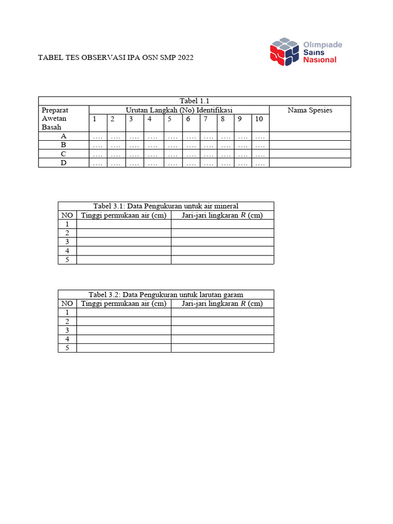 Tabel Tes Observasi OSN IPA 2022 | PDF
